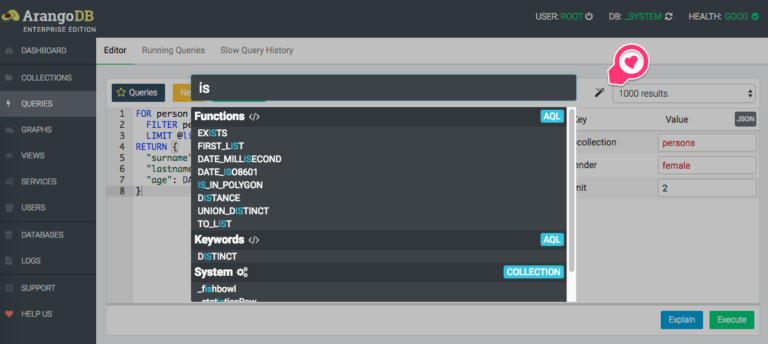 Aql Editor Of Arangodb Basics Of Using The Webui
